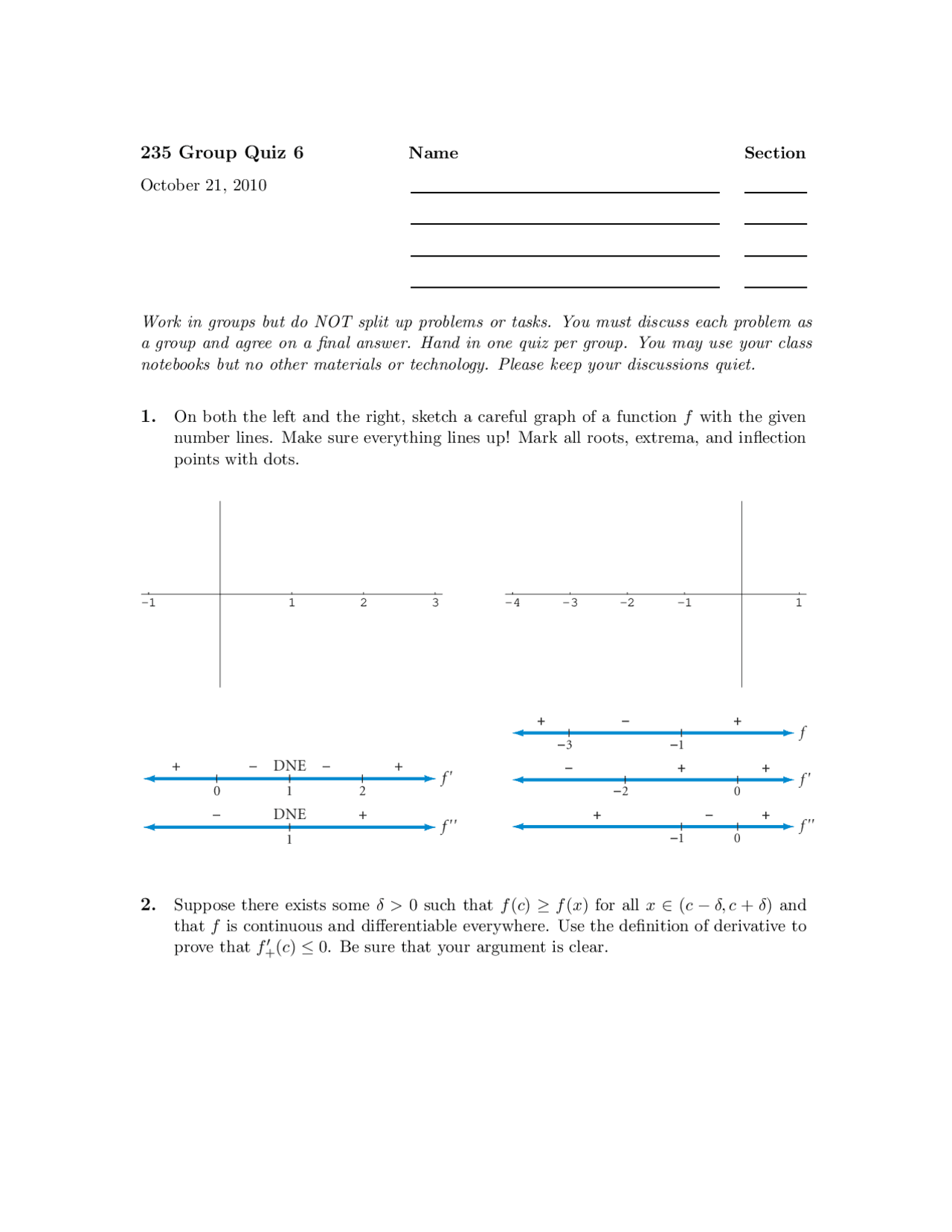 Quiz 6: Function Analysis and Calculus - Prof. Laura Taalman | Quizzes Calculus | Docsity
