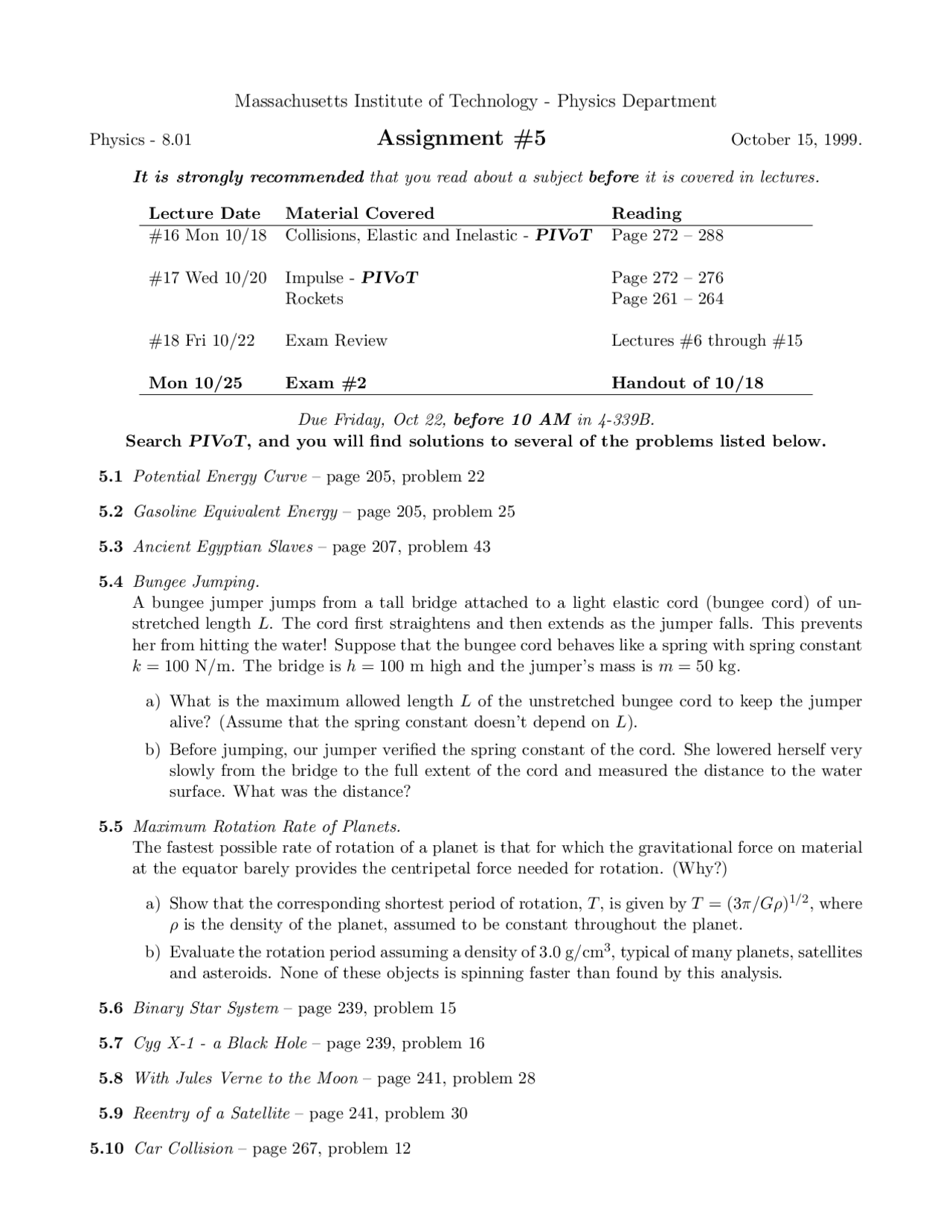 Classical Mechanics - Assignment 5 - Physics - Docsity