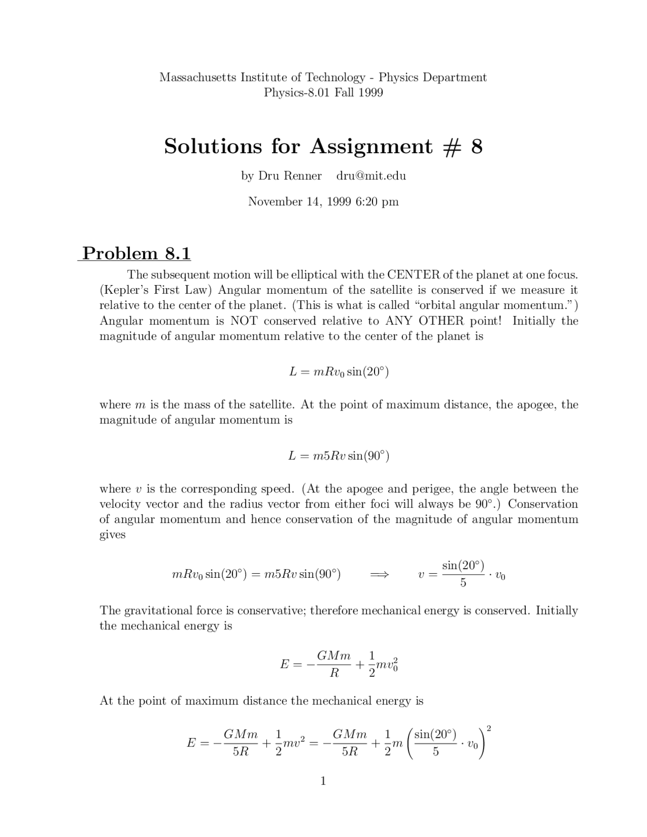 Classical Mechanics - Solution Assignment 8 - Physics - Docsity