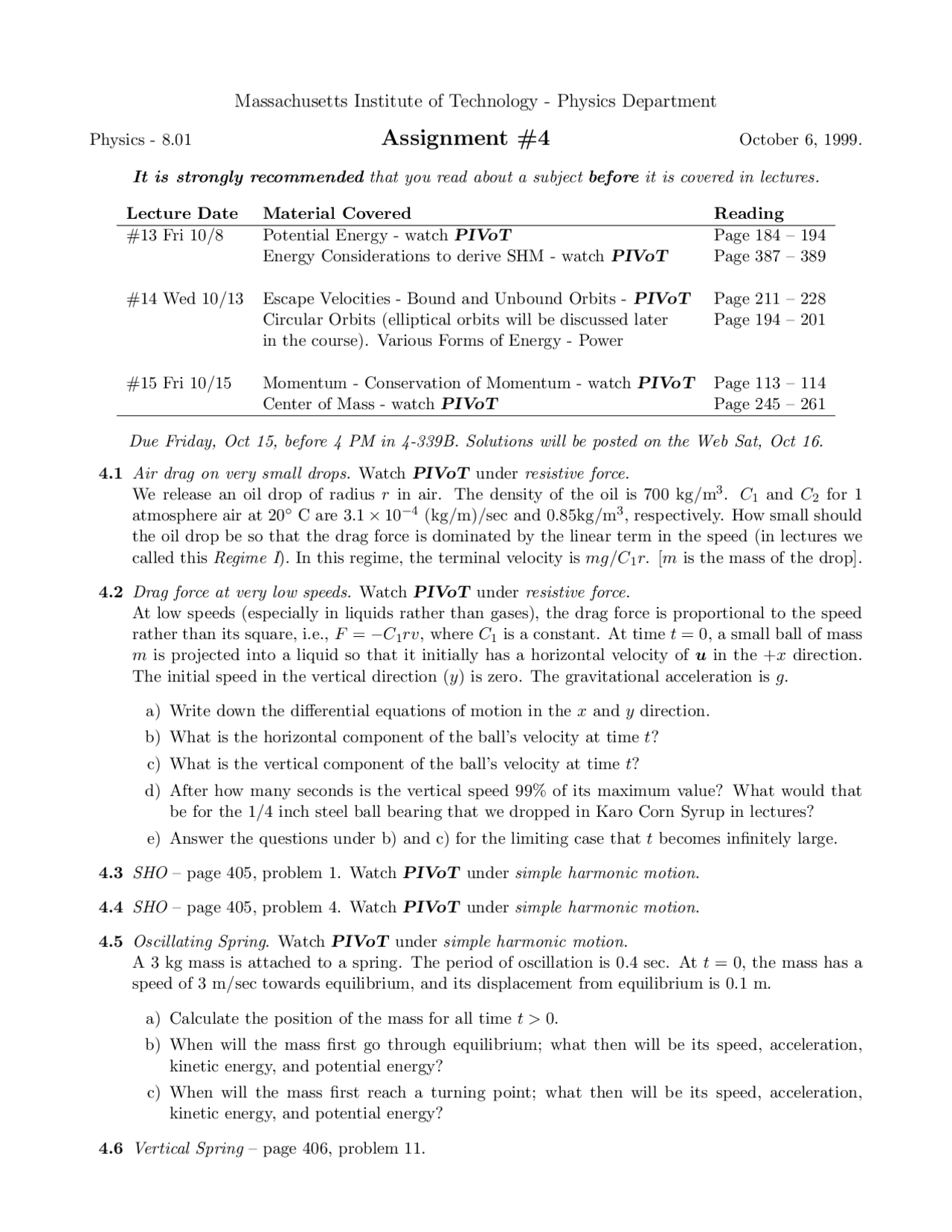 Classical Mechanics - Assignment 4 - Physics | Exercises Physics - Docsity