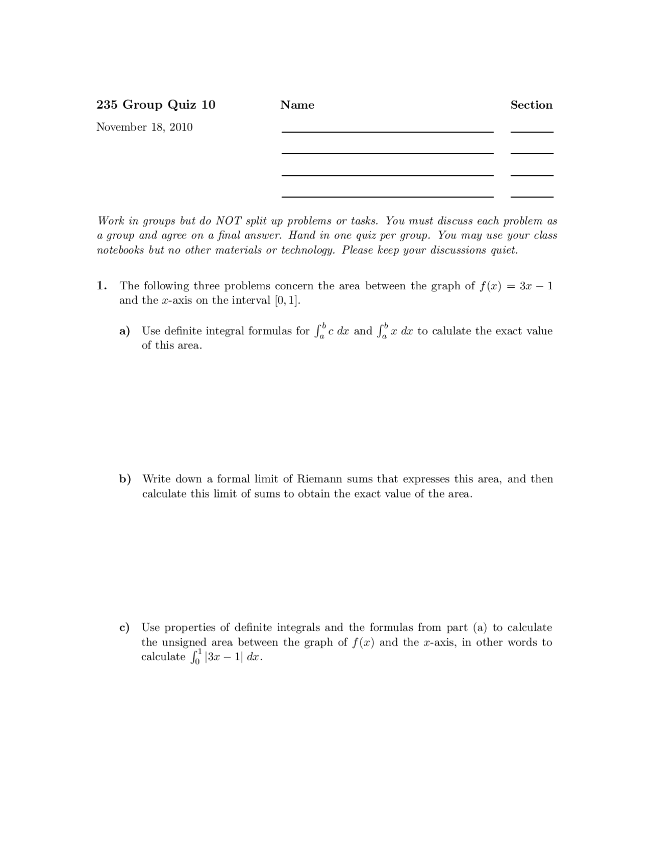 Use Definite Integral Formulas Quiz 10 Math 235 Docsity