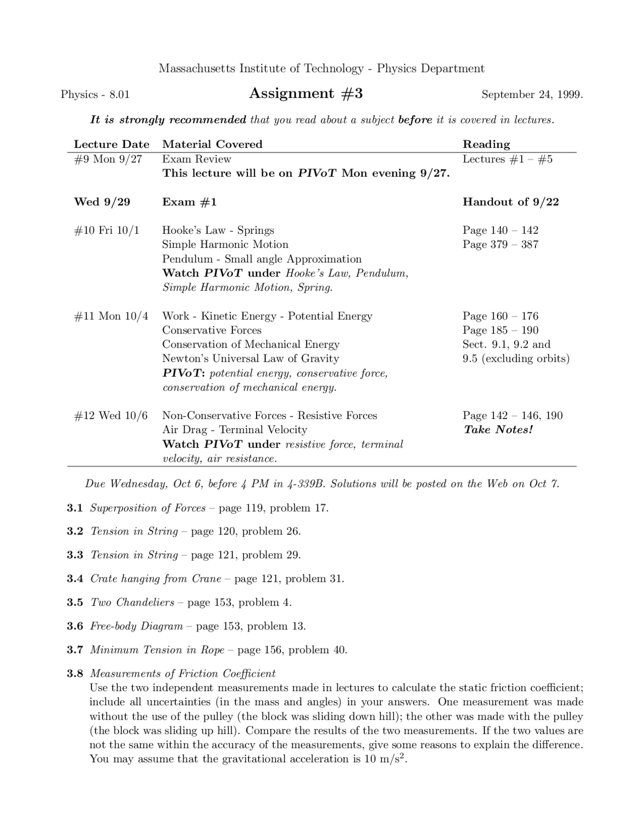 Classical Mechanics - Assignment 3 - Physics - Docsity