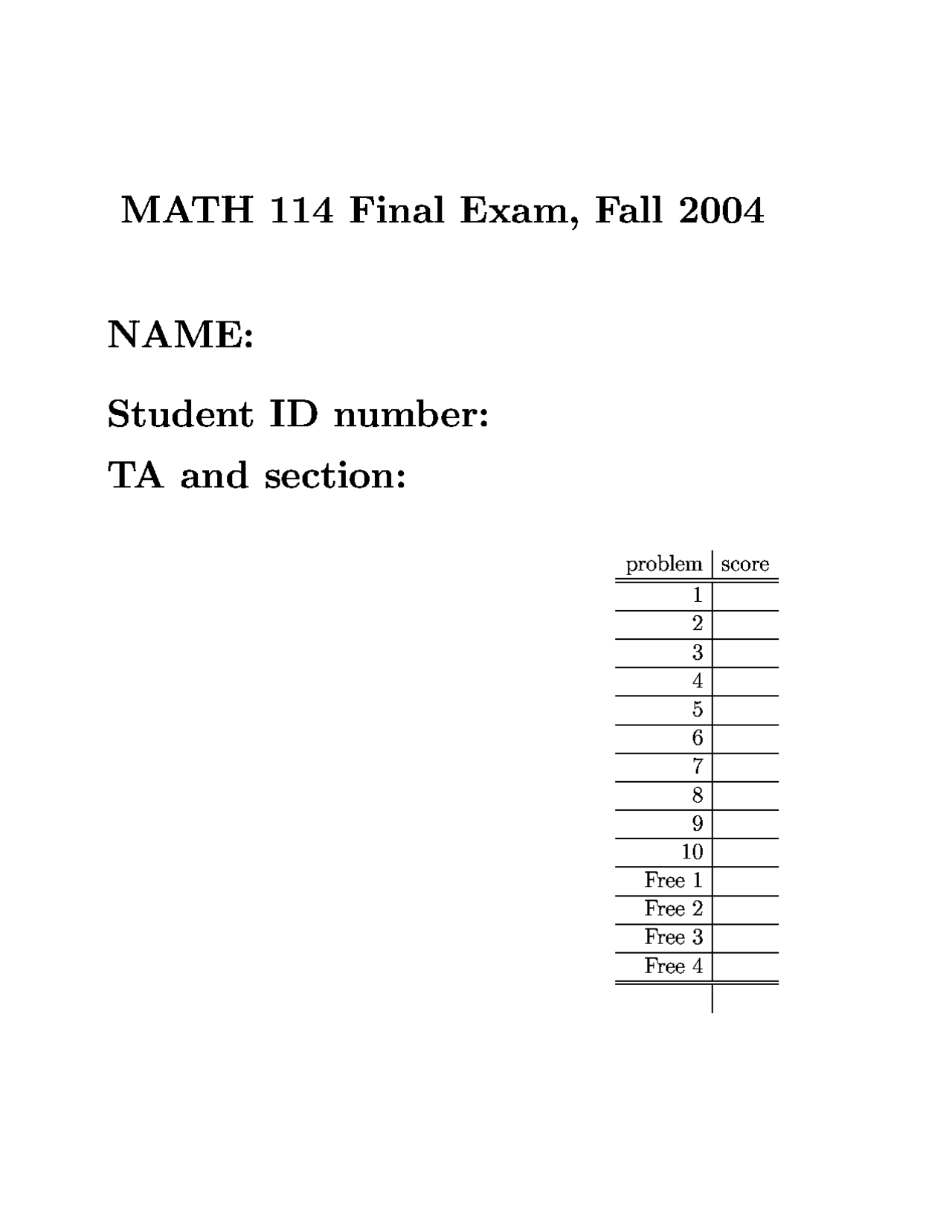Calculus 2 Exam Fall 2004 Mathematics Docsity