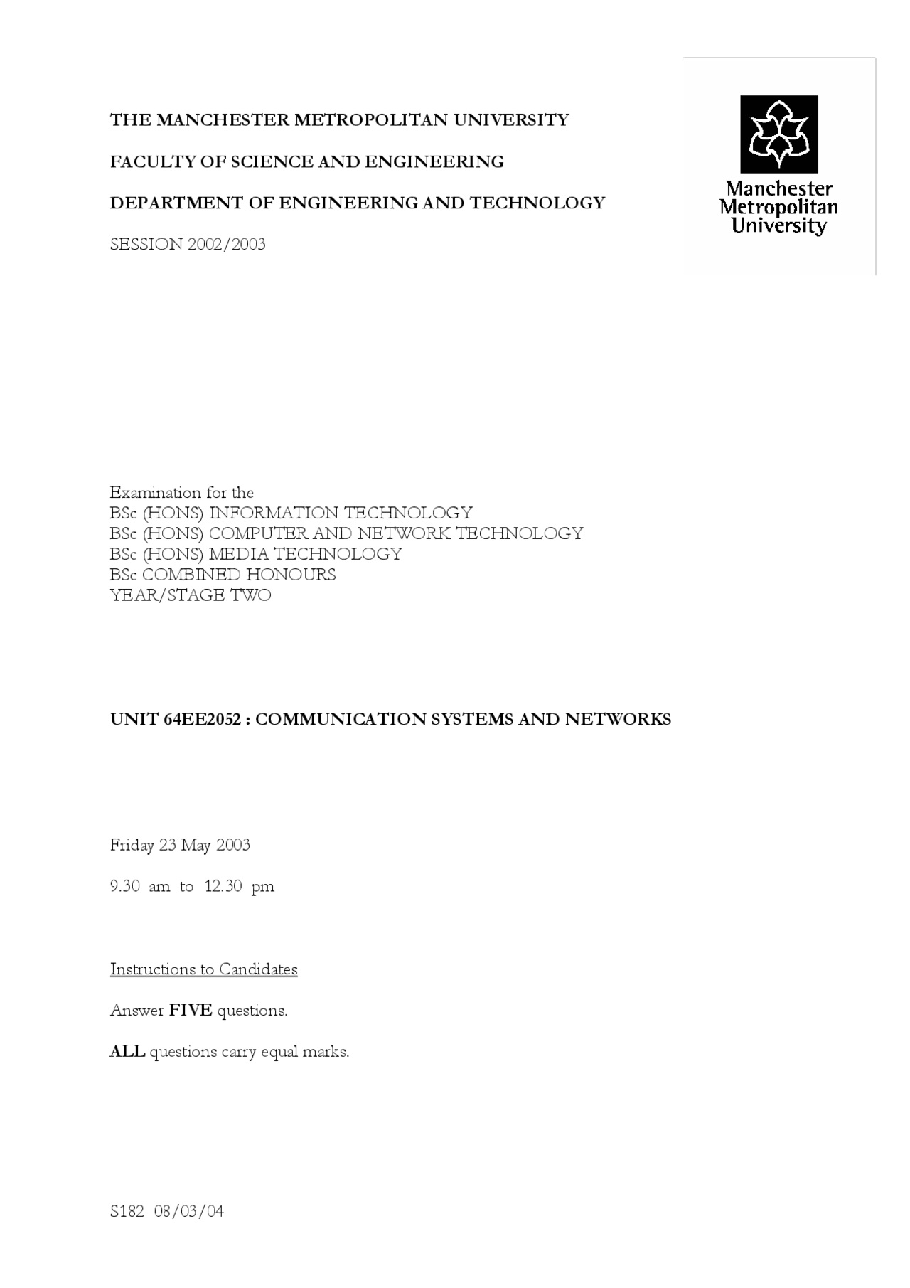 Communication Systems and Networks - 2002 2003 Exam - Electrical Engineering - Docsity