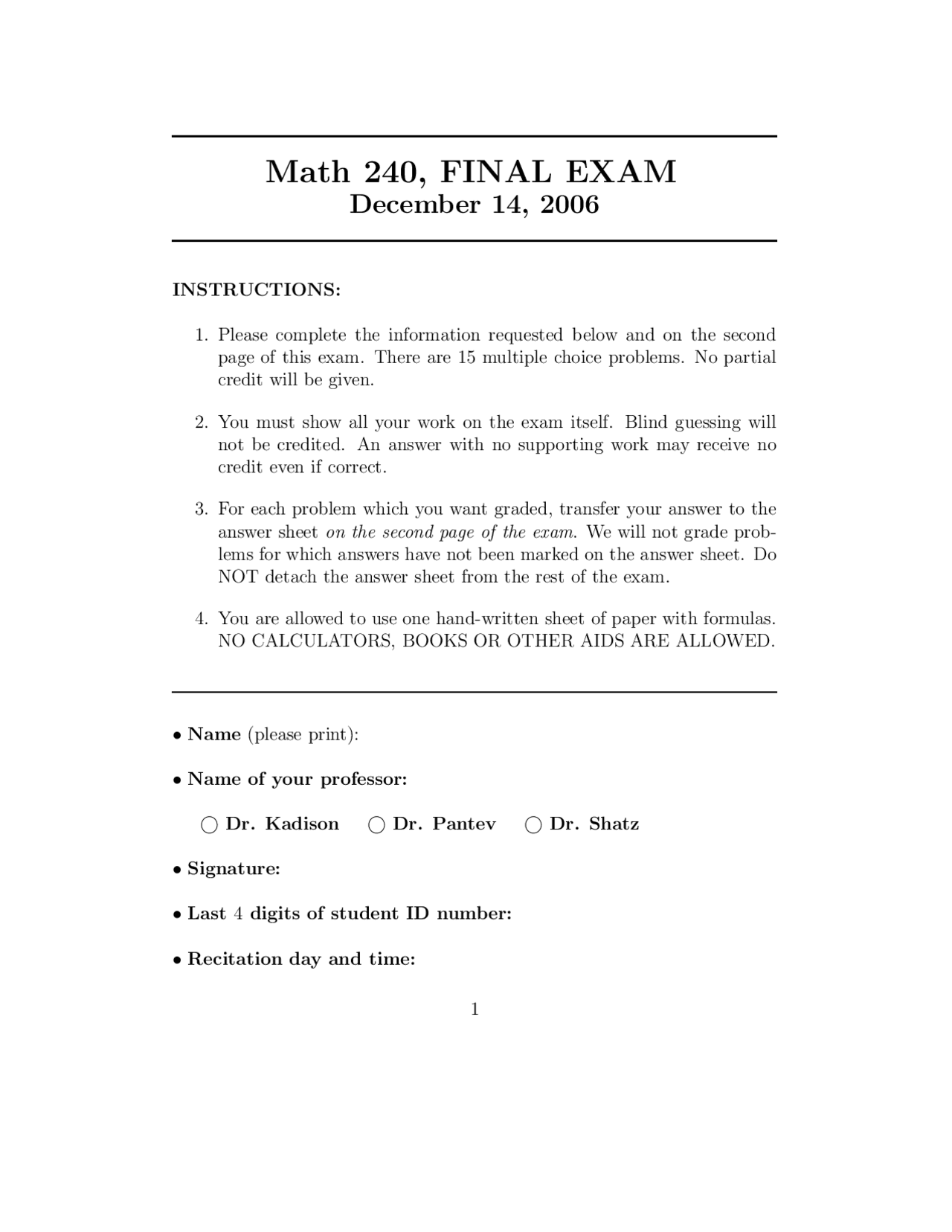Calculus 3 Exam Fall 2006 Mathematics Lars Kadison Docsity
