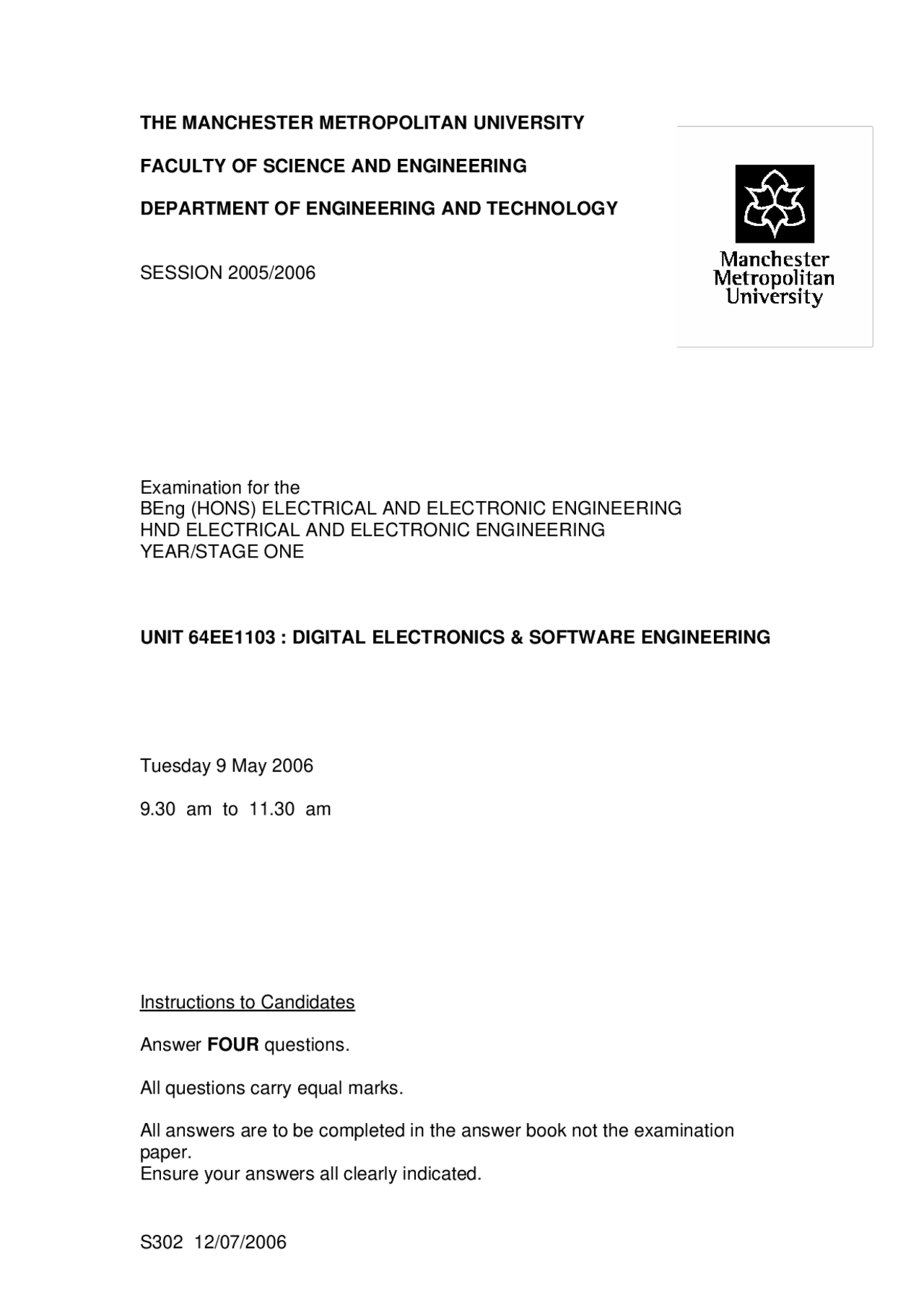 Digital Electronics 2005 2006 Exam Electrical Engineering Docsity
