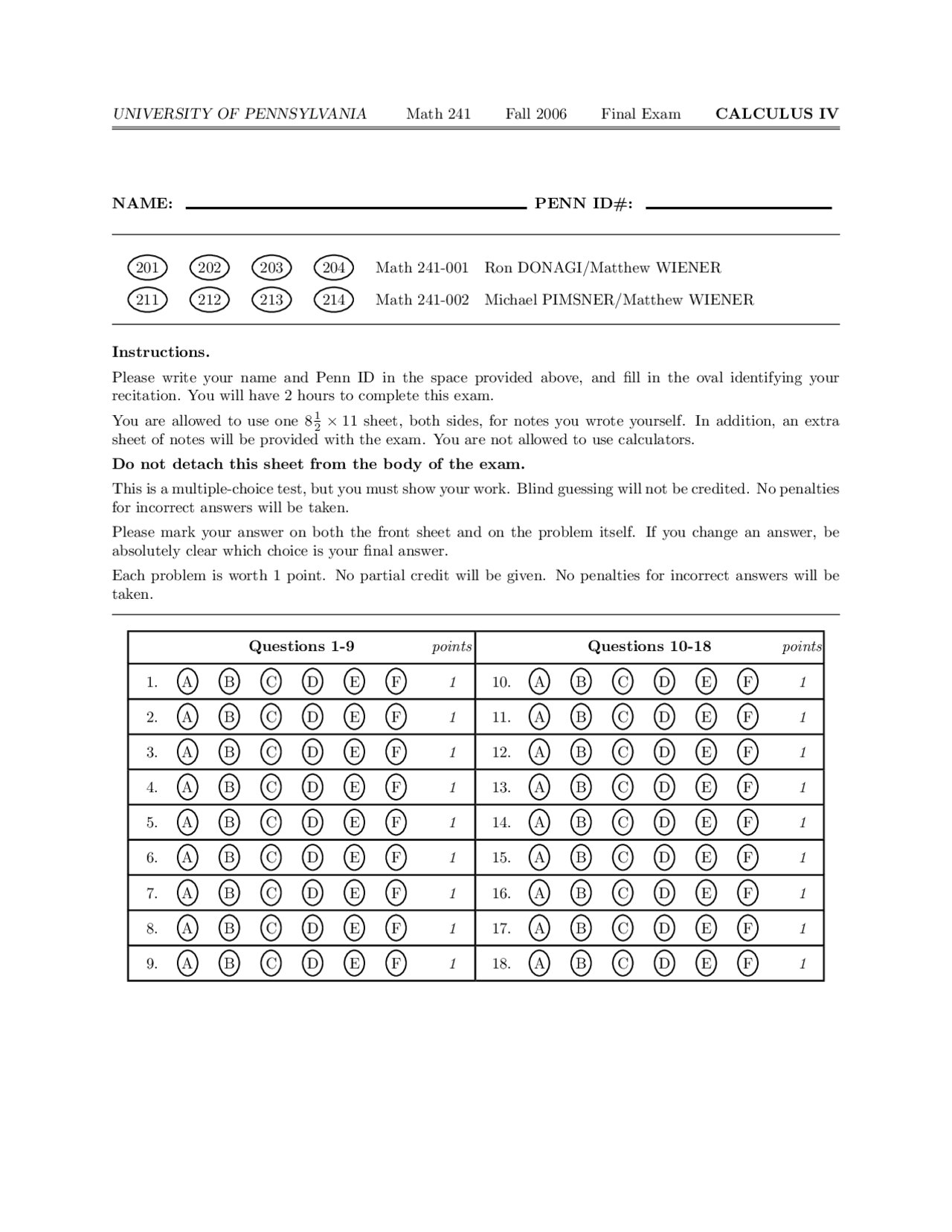 Calculus 4 - Exam Fall 2006 - Mathematics - Dr Mike Weiner - Docsity