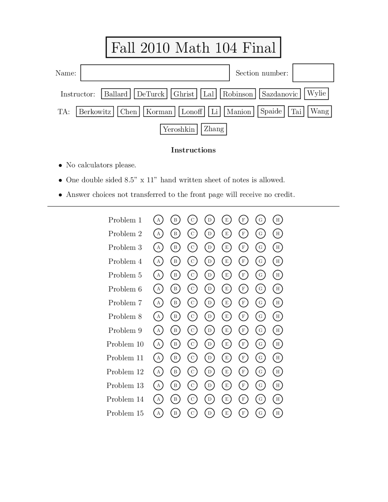 Calculus 1 Exam Fall 2010 Mathematics Docsity
