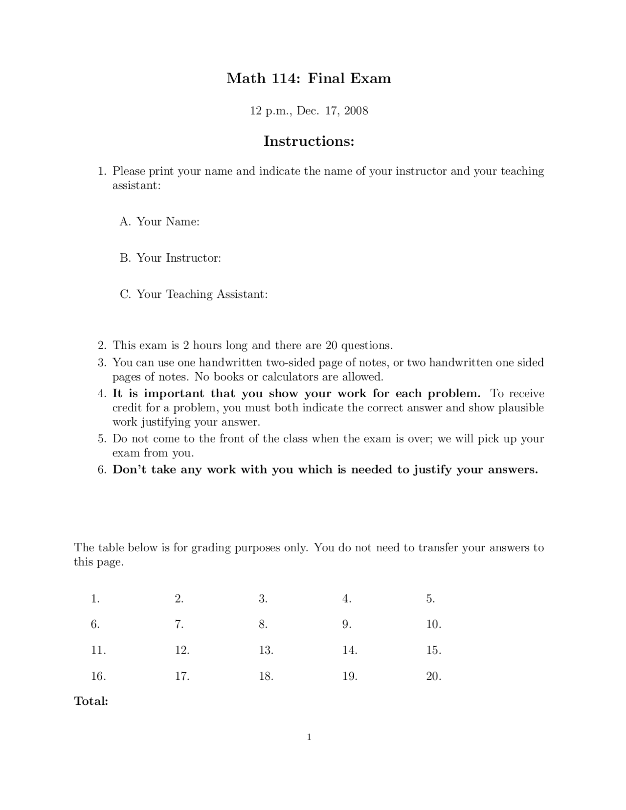 Calculus 2 - Exam Fall 2008 - Mathematics - David SANTOS - Docsity