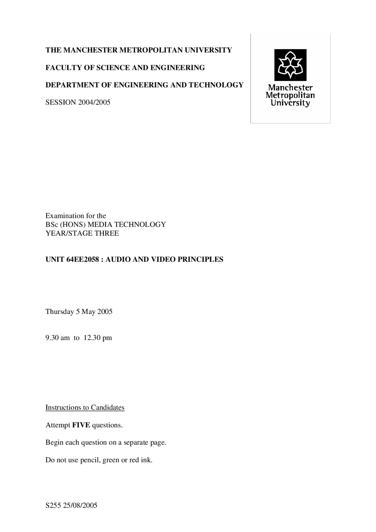 Multimedia Technology And Its Applications B 2004 2005 Exam Electrical