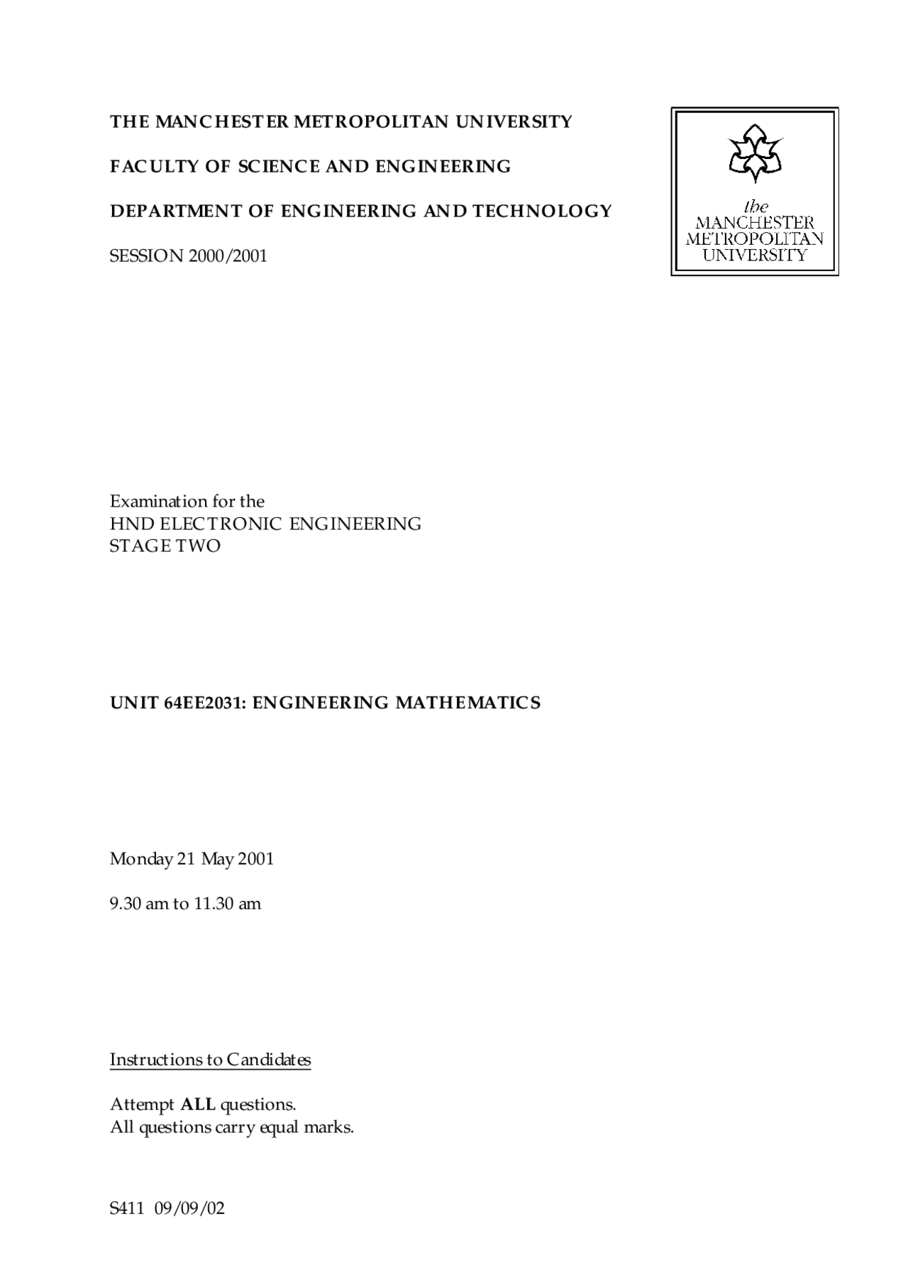 Engineering Mathematics 2000 2001 Exam Electrical Engineering Docsity