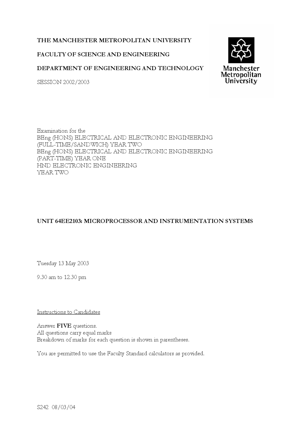 Instrumentation Systems 2002 2003 Exam Electrical Engineering Docsity