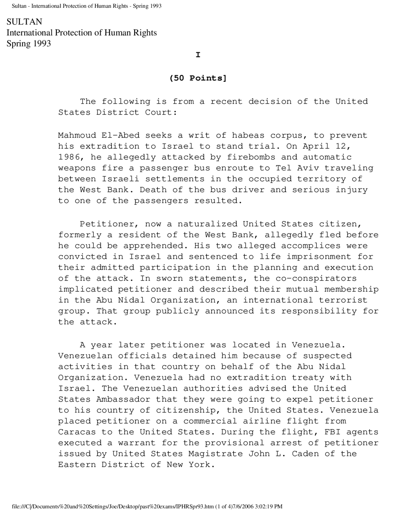 Human Rights - Exam Spring 1993 - Law - Docsity