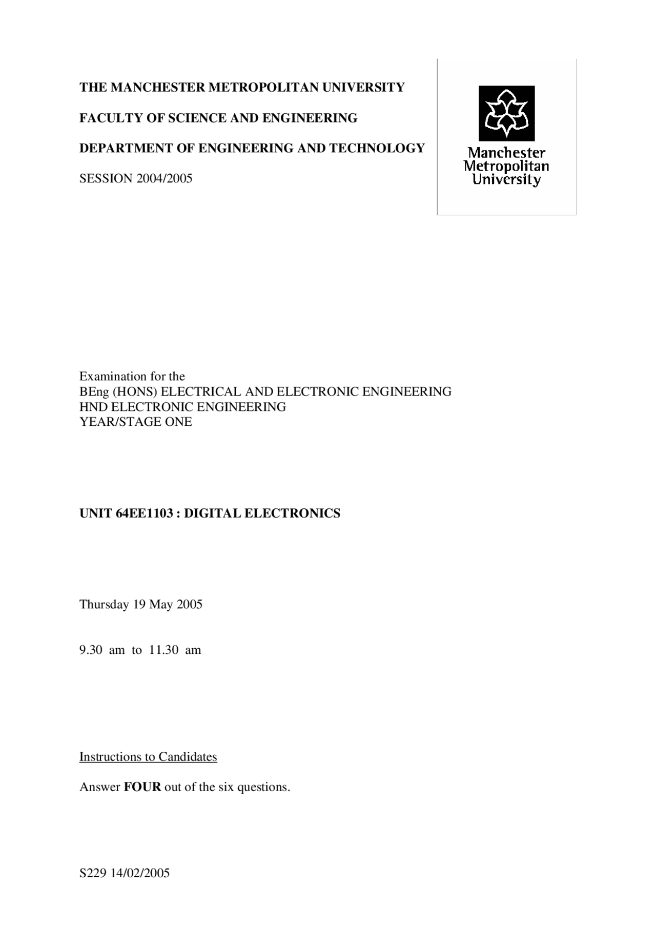 Digital Electronics 2004 2005 Exam Electrical Engineering Docsity