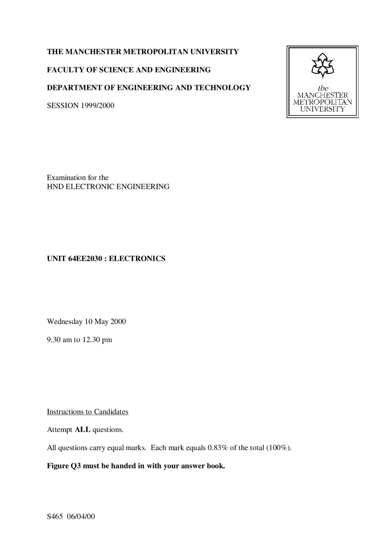 Electronics A-1999 2000 Exam-Electrical Engineering | Exams Electrical Engineering | Docsity