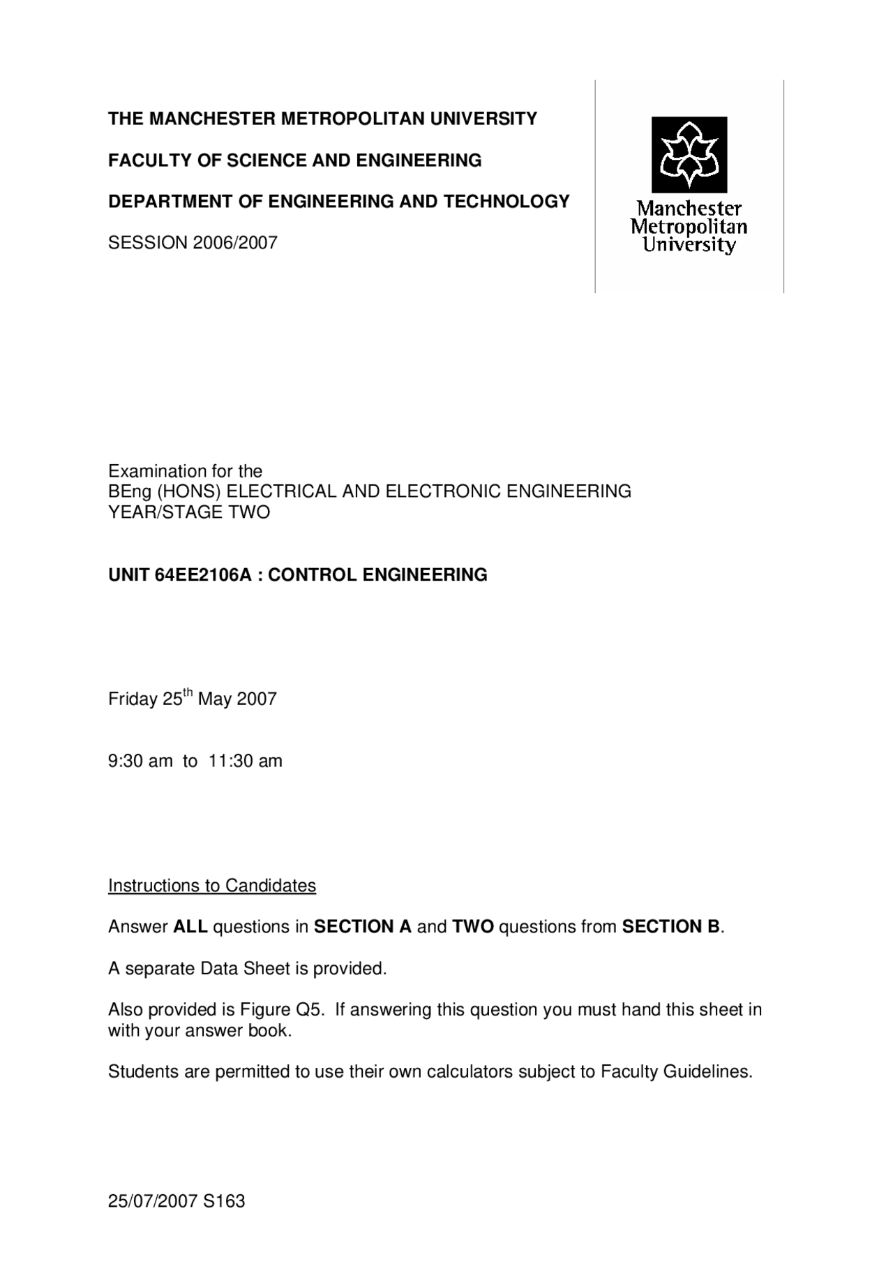 Control Engineering - 2006 2007 Exam - Electrical Engineering - Docsity