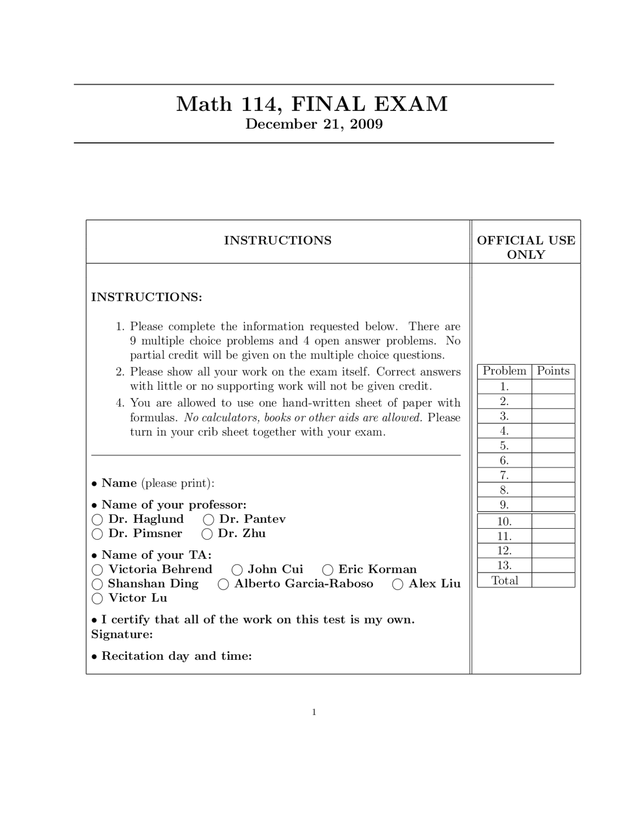 Calculus 2 Exam Fall 2009 Mathematics Jim Haglund Docsity