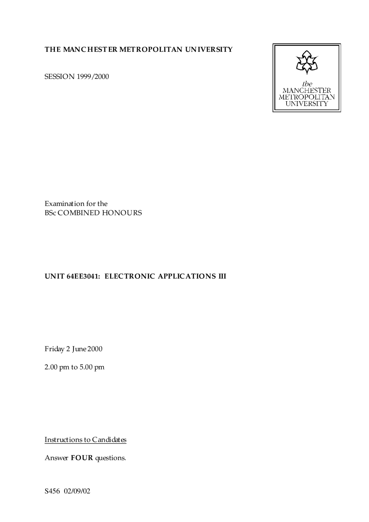 Electronic Applications Iii 1999 2000 Exam Electrical Engineering