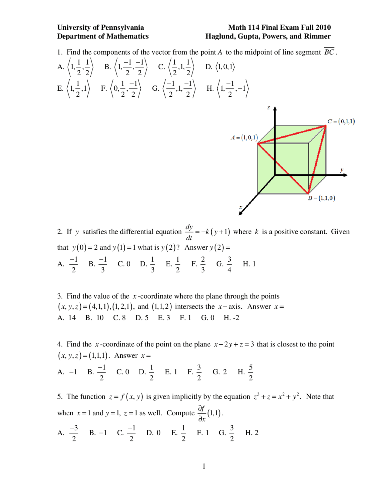 Calculus 2 - Exam Fall 2010 - Mathematics - Shiv Gupta - Docsity