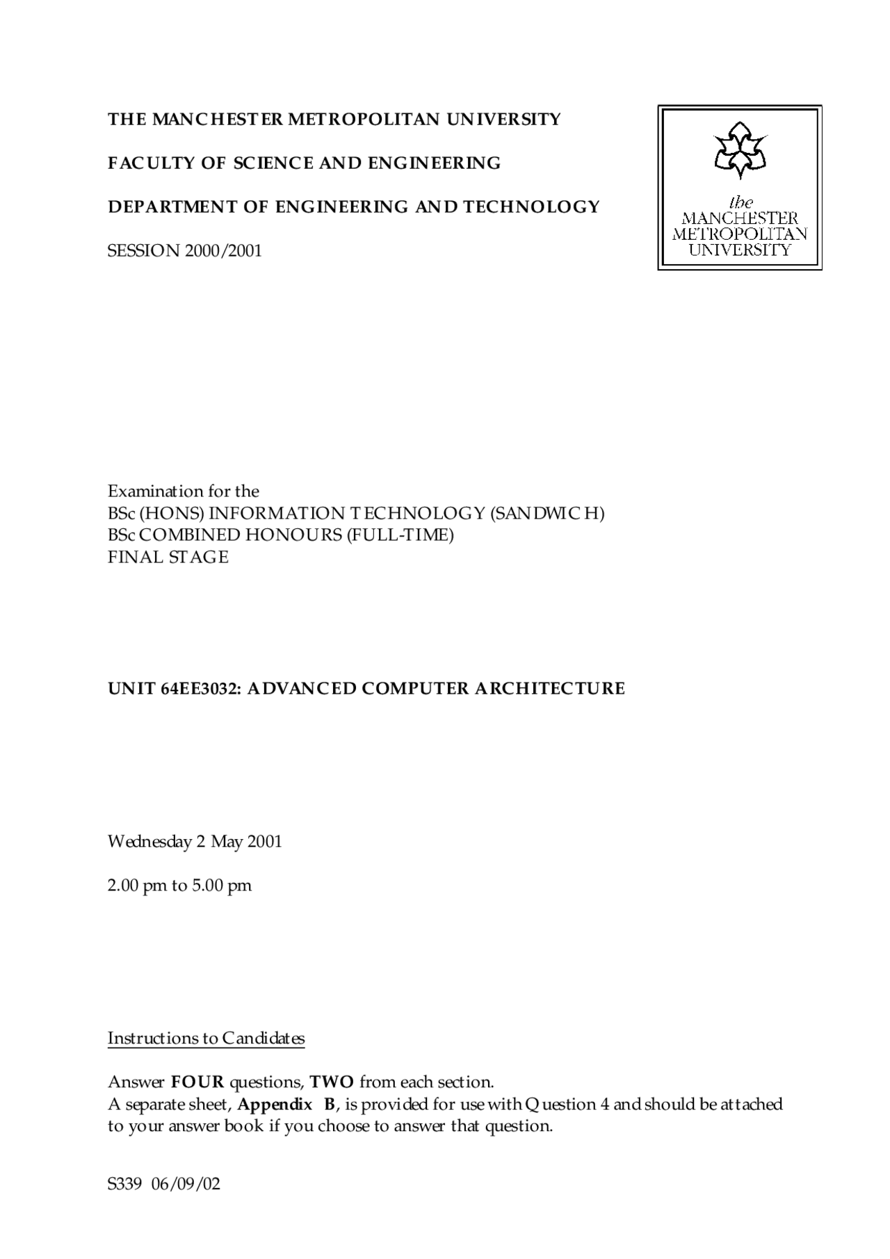 Advanced Computer Architecture 2000 2001 Exam Electrical