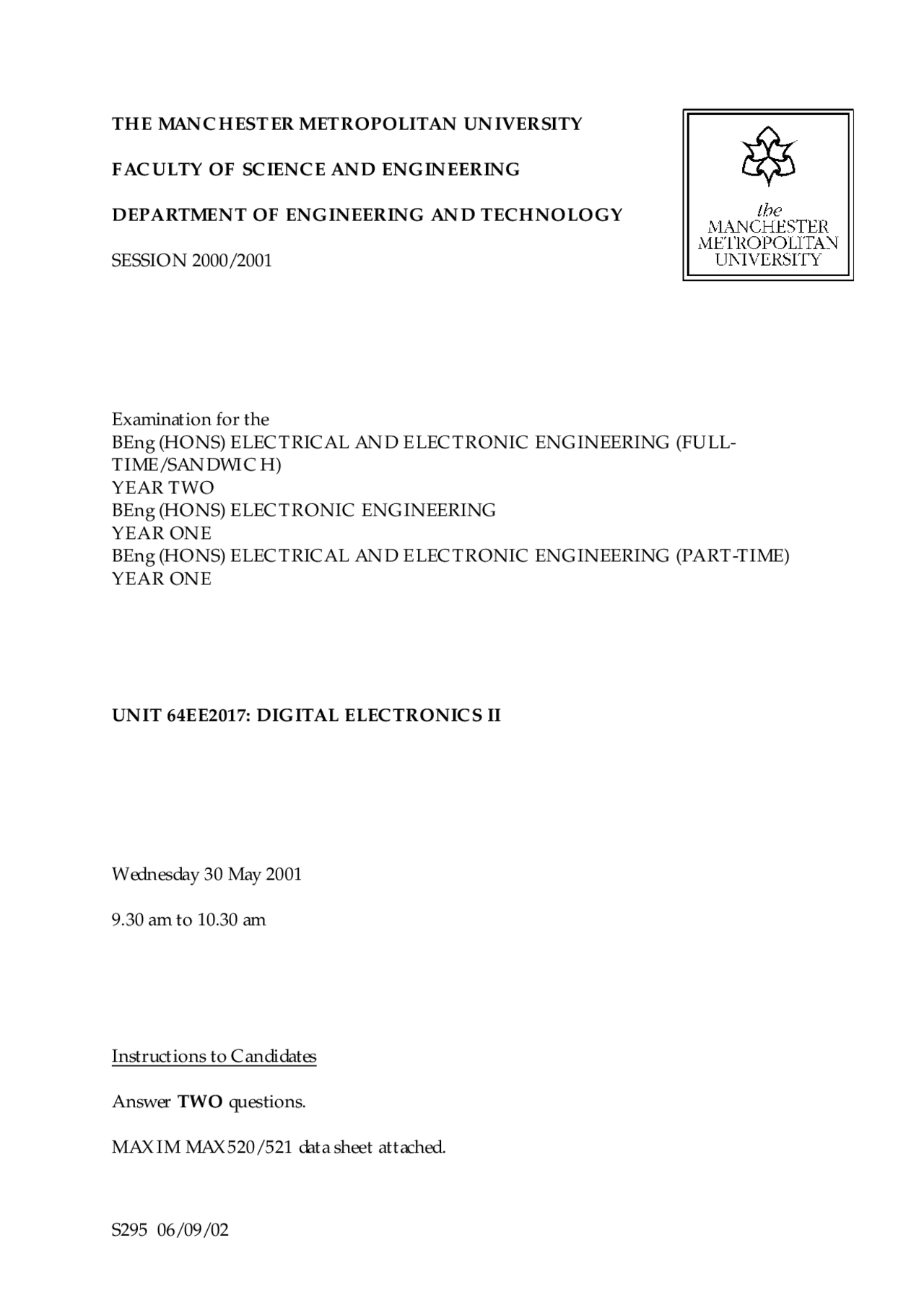 Digital Electronics II - 2000 2001 Exam - Electrical Engineering - Docsity