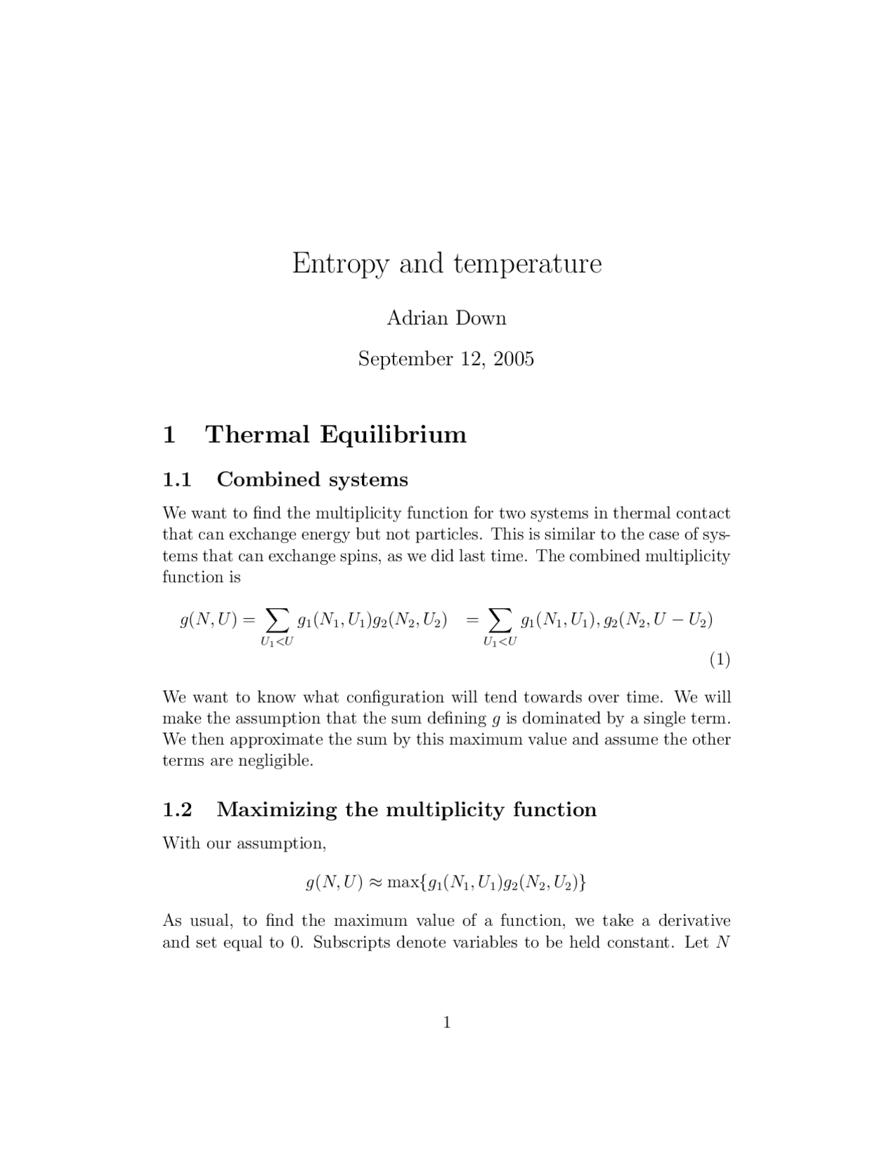 Entropy and Temperature, Lecture Notes - Physics - Docsity