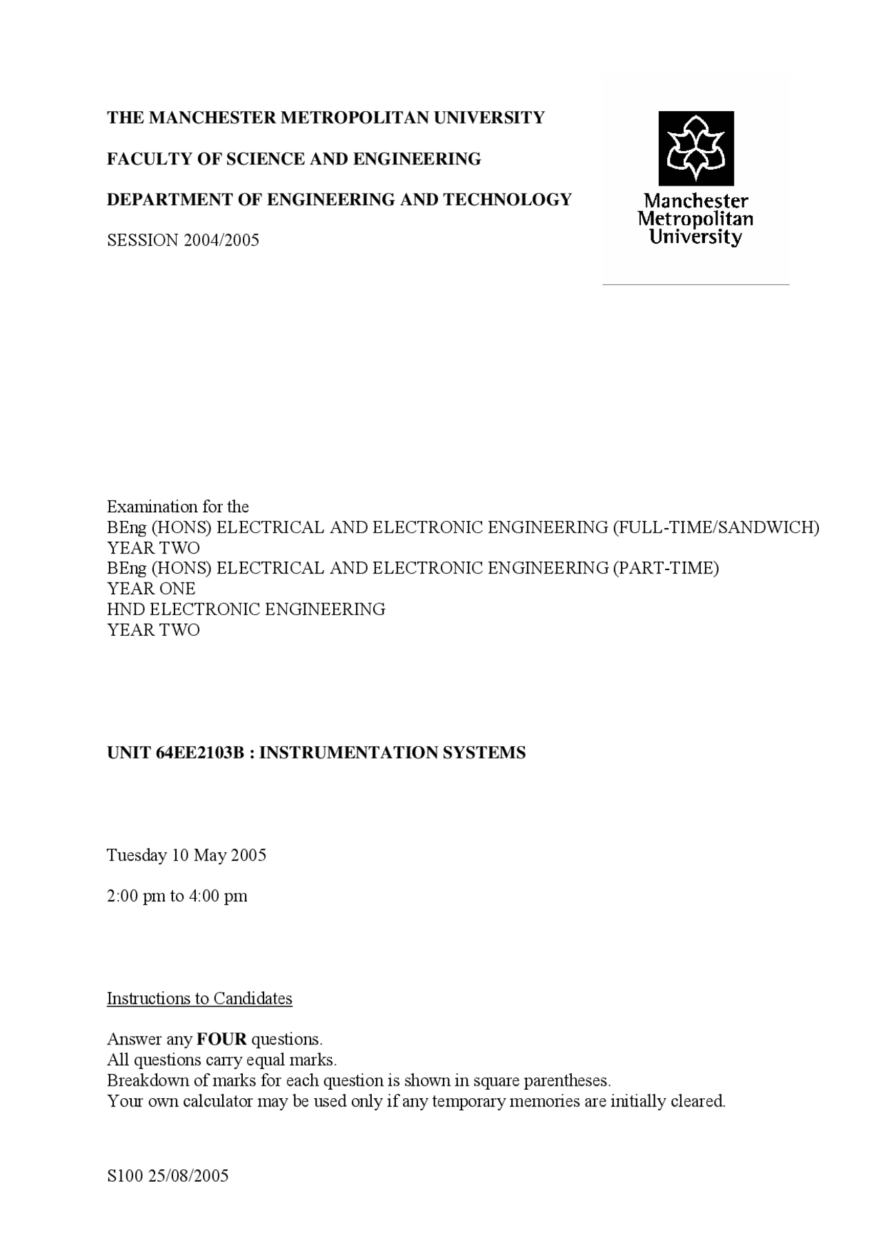 Instrumentation Systems 2004 2005 Exam Electrical Engineering Docsity