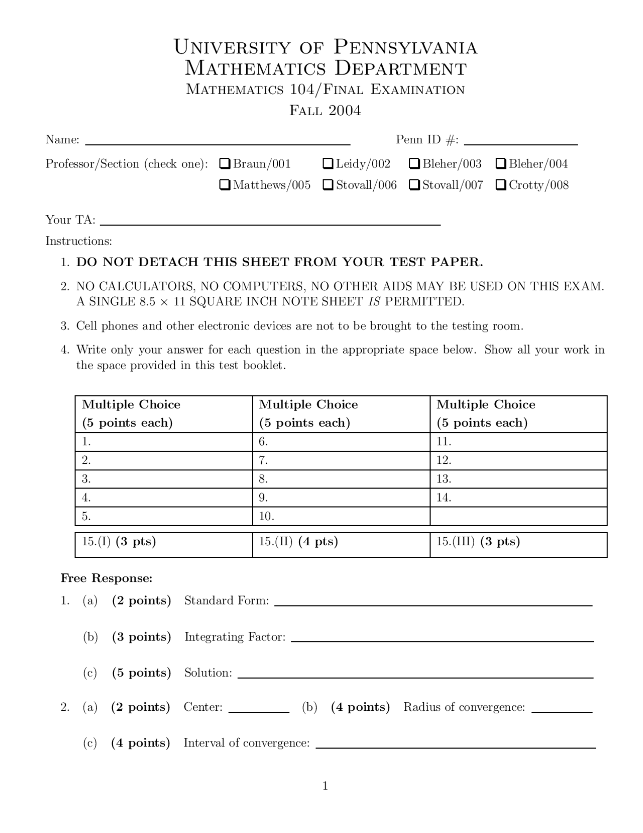 Calculus 1 Exam Fall 2004 Mathematics Docsity