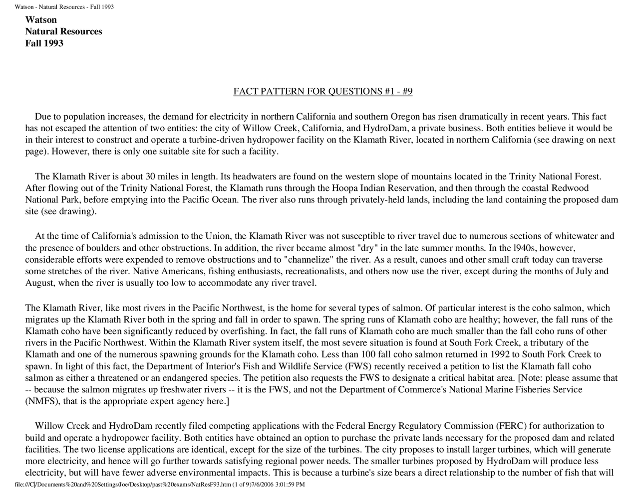 Natural Resources Exam Fall 1993 Law Docsity