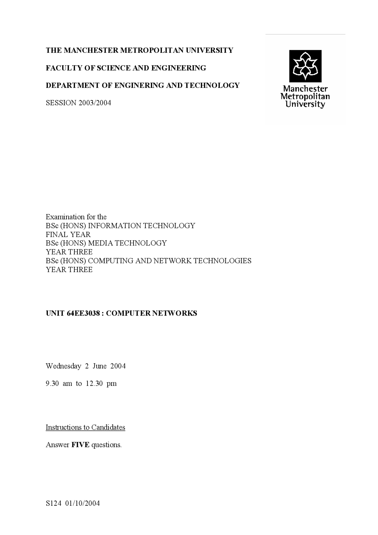 Computer Networks 2003 2004 Exam Electrical Engineering Docsity