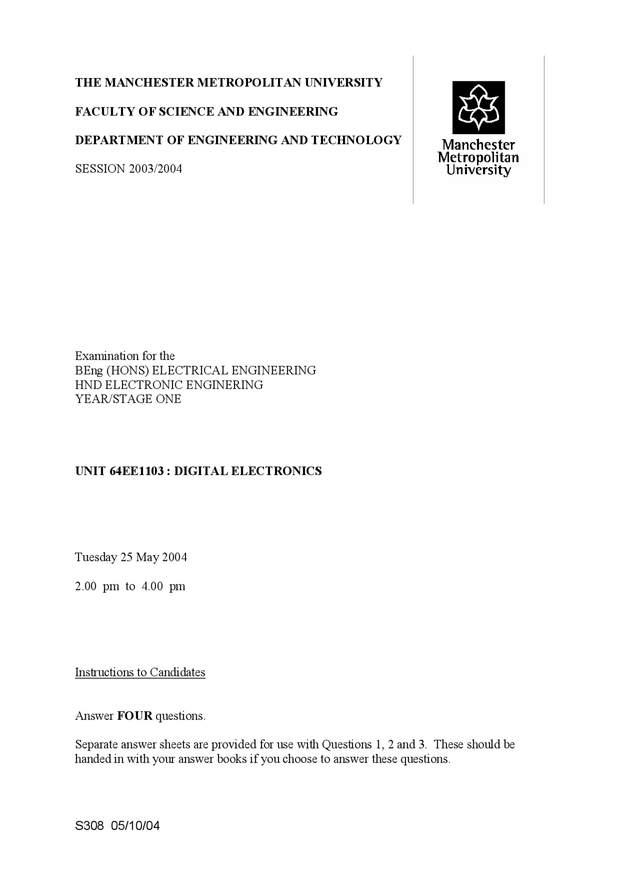 Digital Electronics 2003 2004 Exam Electrical Engineering Docsity