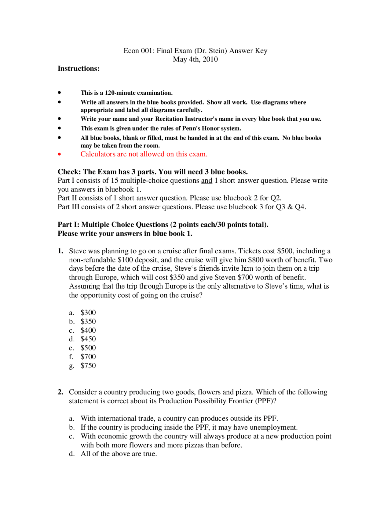 Introduction to Micro Economics - Exam Solition Final Spring 2010 ...