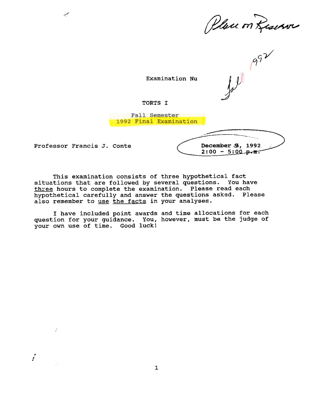 Torts 1 - Exam Fall 1992 - Law - Fran Conte - Docsity