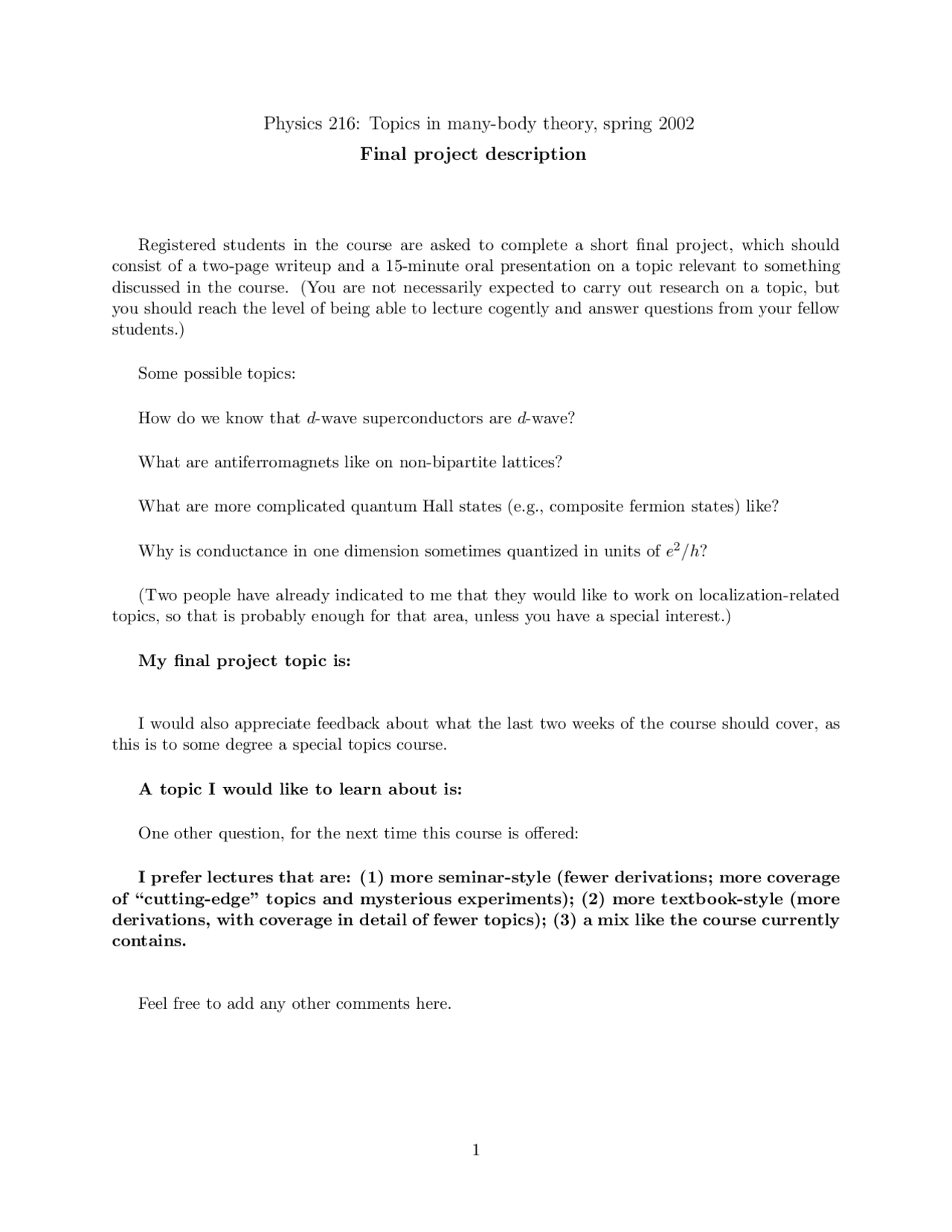 Many Body Physics 5 Exercises Physics Docsity
