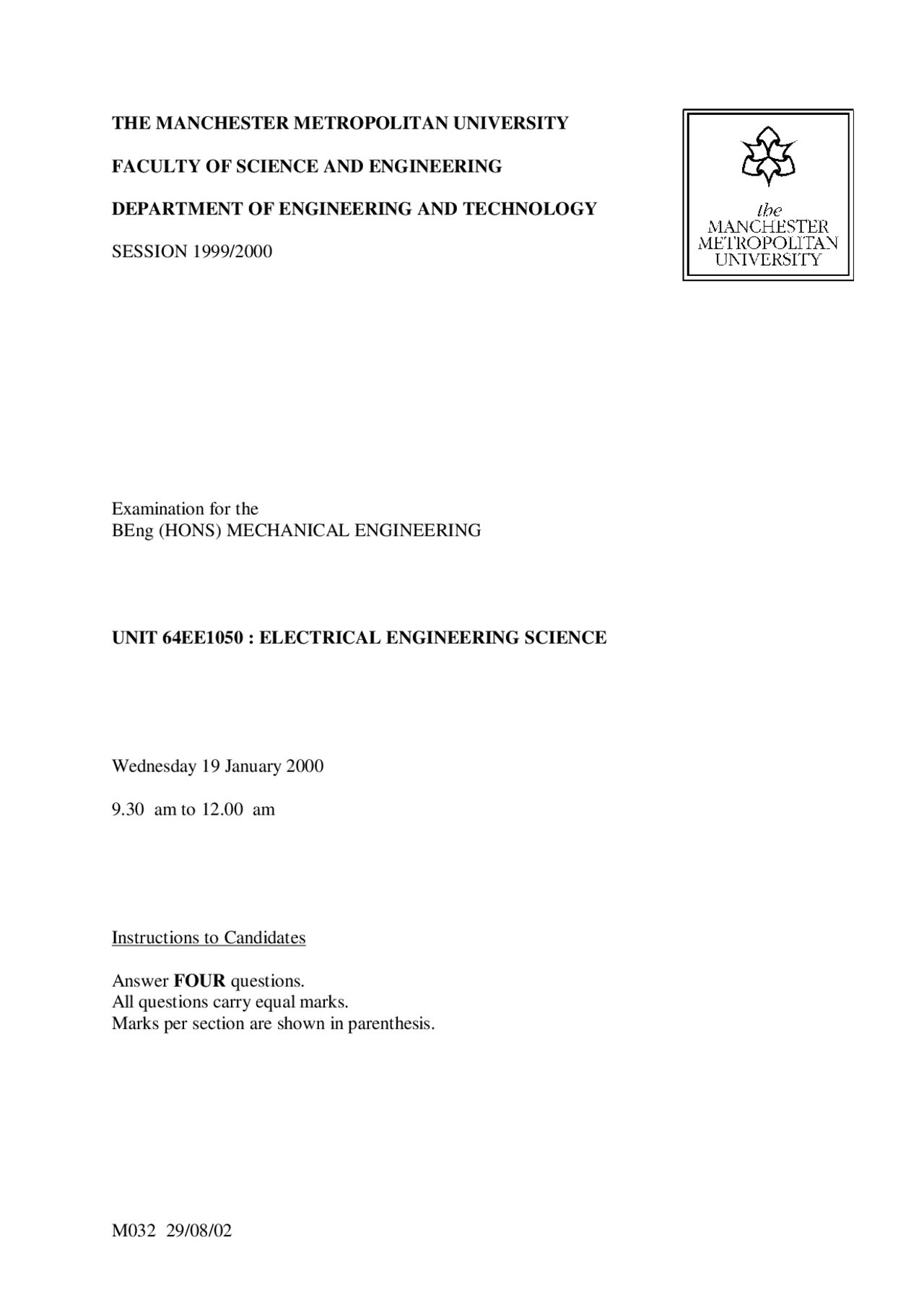 Electrical Engineering I 1999 2000 Exam Electrical Engineering