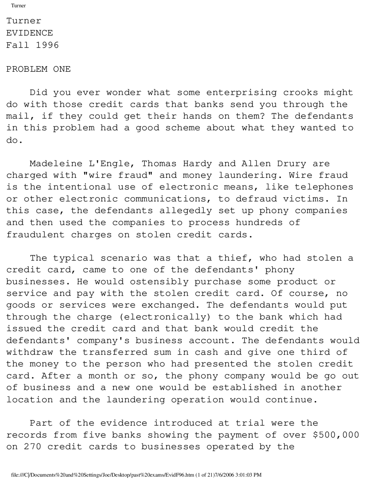 Evidence Exam Fall 1996 Docsity