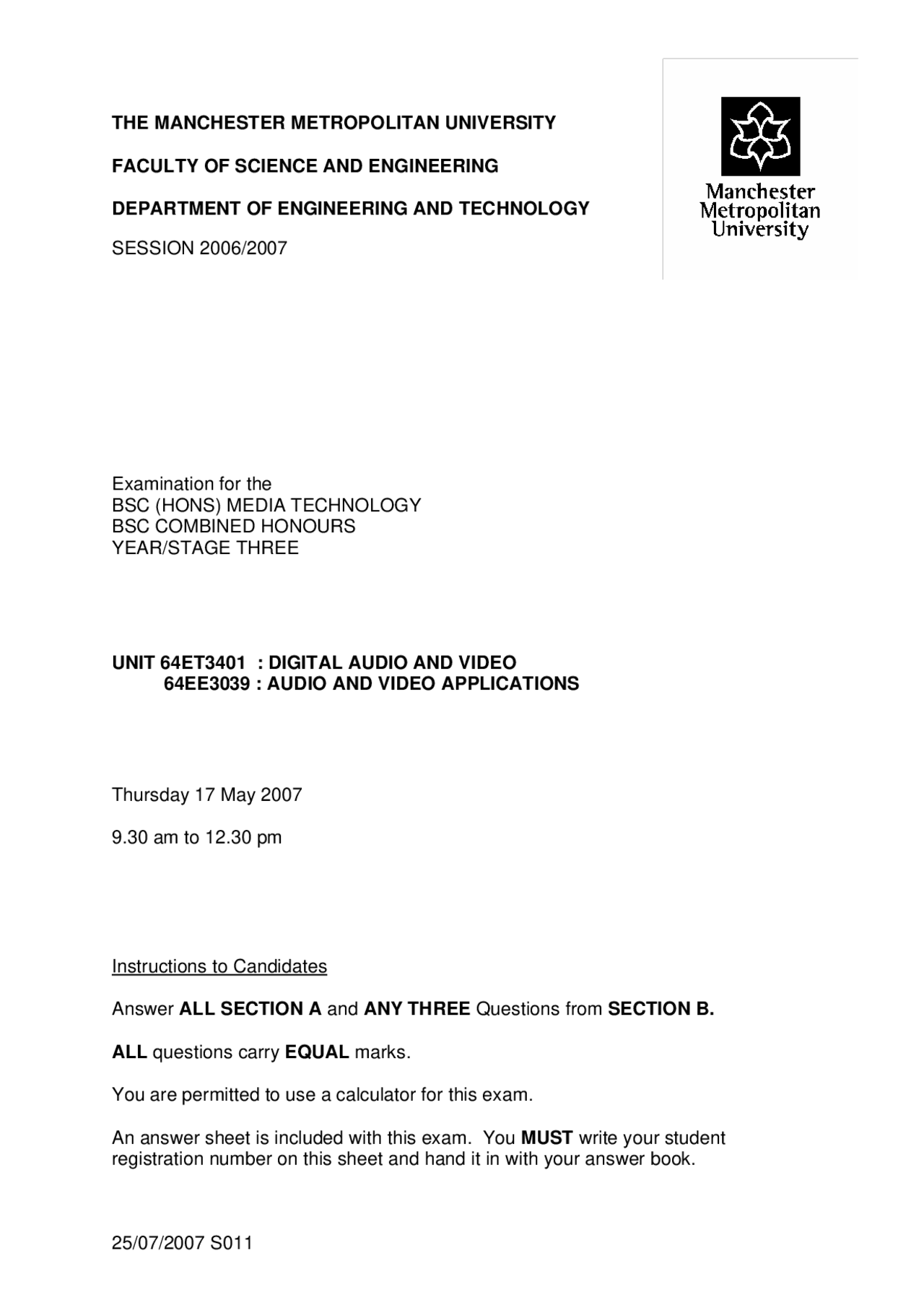 Exam Paper: Digital Audio and Video Unit for Media Technology Students ...