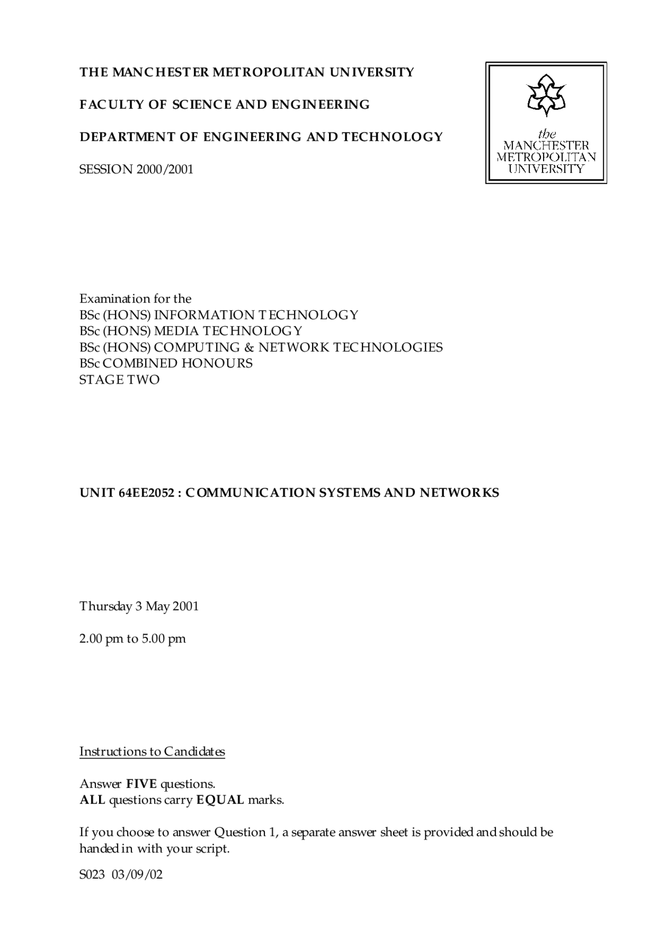 Communication Systems And Networks 2000 2001 Exam Electrical