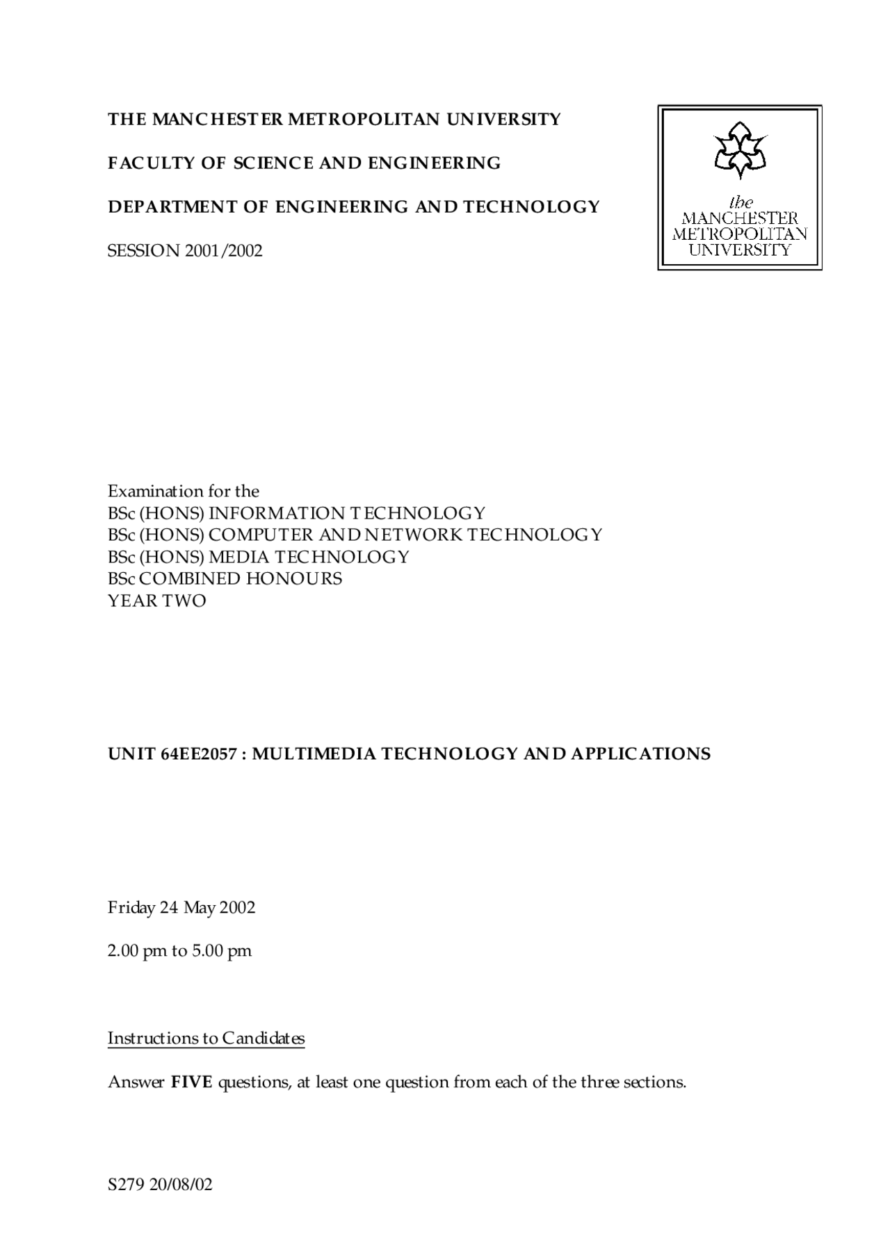 Multimedia Technology And Its Applications 2001 2002 Exam Electrical