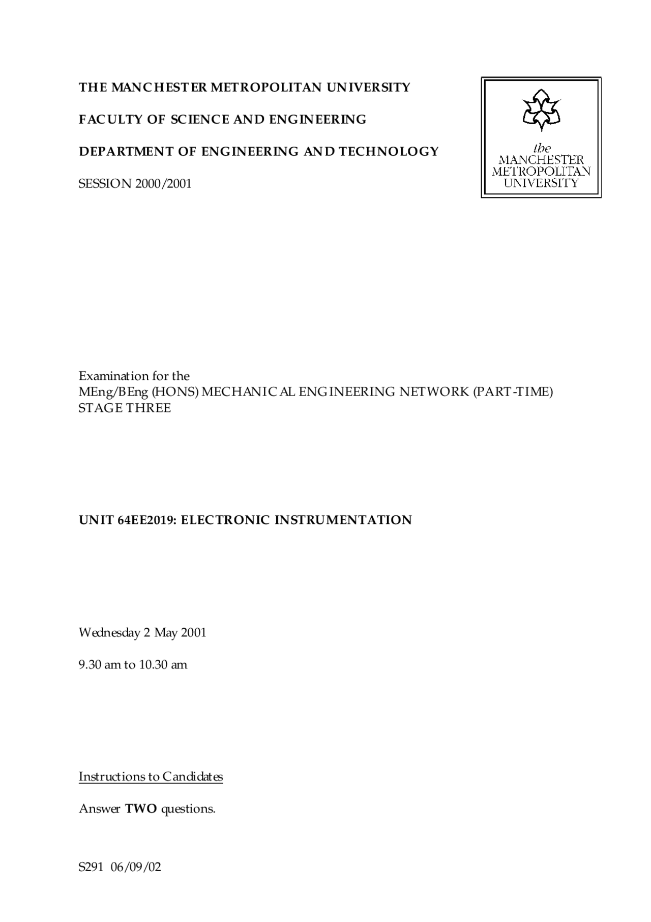 Electronic Instrumentation 2000 2001 Exam Electrical Engineering Docsity