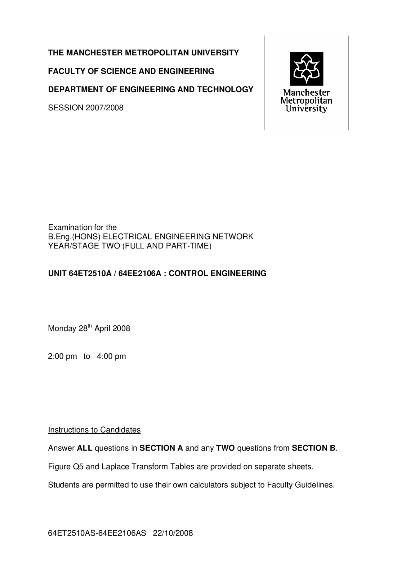 Control Engineering 2007 2008 Exam Electrical Engineering Docsity