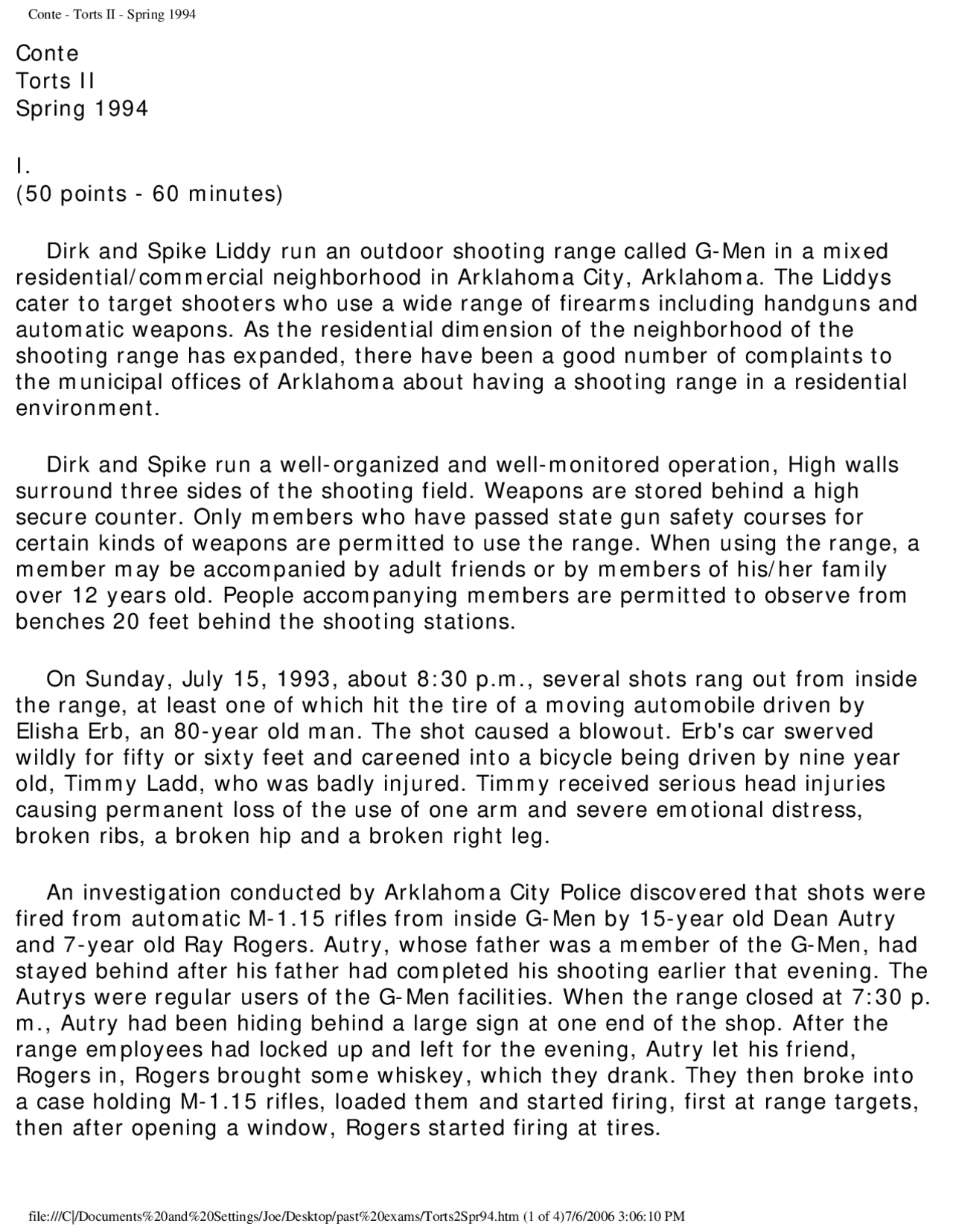 Torts 2 - Exam Spring 1994 - Law - Fran Conte - Docsity