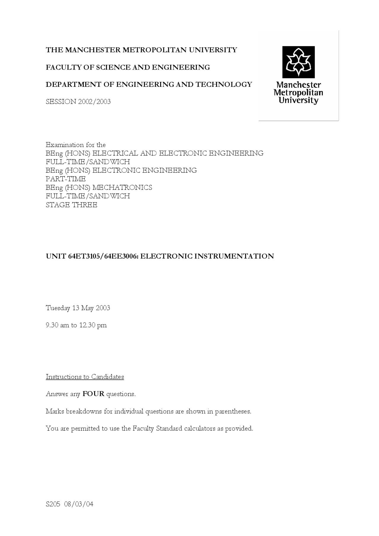 Electronic Instrumentation 2002 2003 Exam Electrical Engineering Docsity
