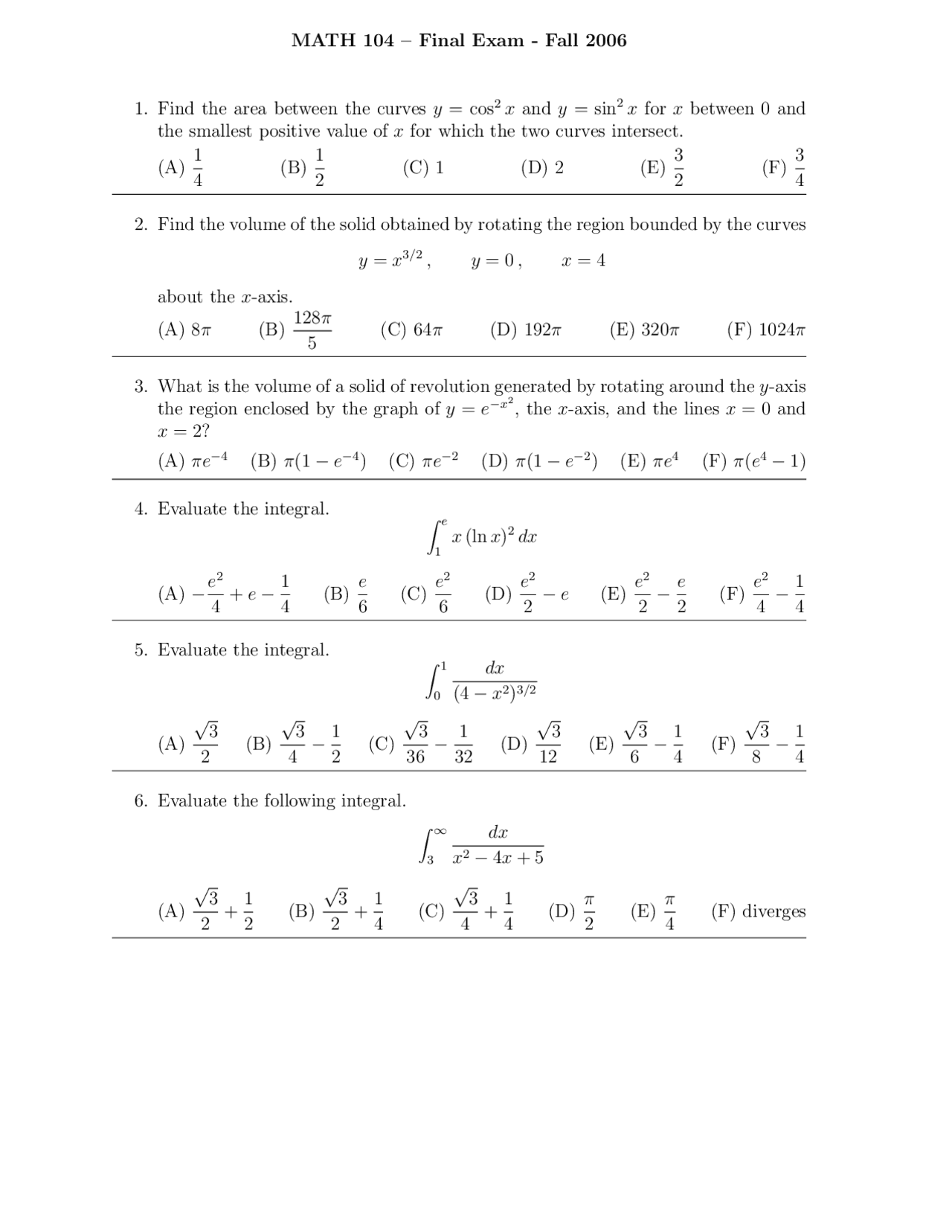Calculus 1 - Exam Fall 2006 - Mathematics - Docsity