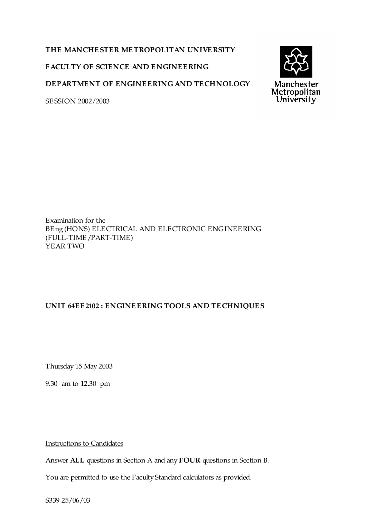 Engineering Tools And Techniques 2002 2003 Exam Electrical Engineering