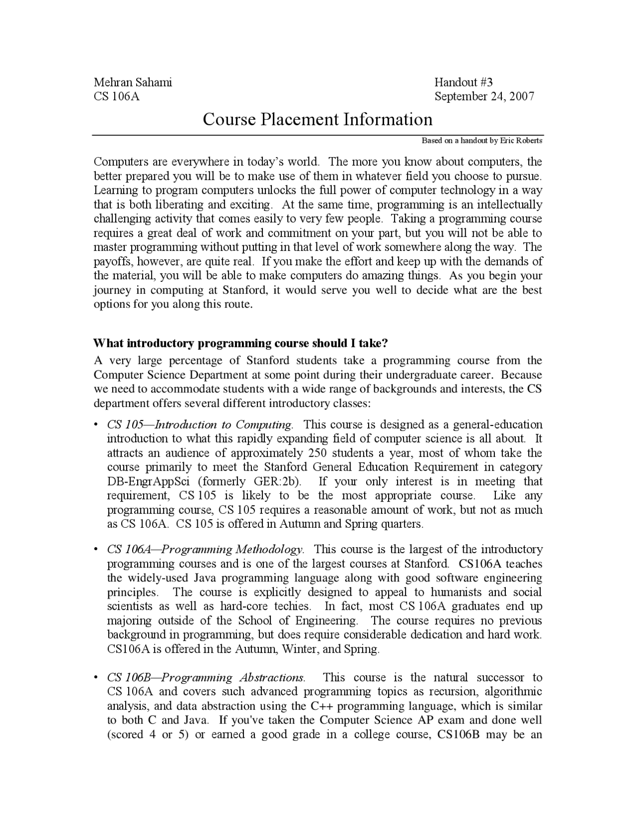 Course Placement Information - Section Handout - Programming Methodology- 3 - Docsity