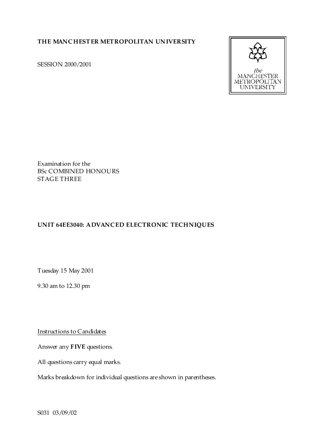 Advanced Electronic Techniques 2000 2001 Exam Electrical