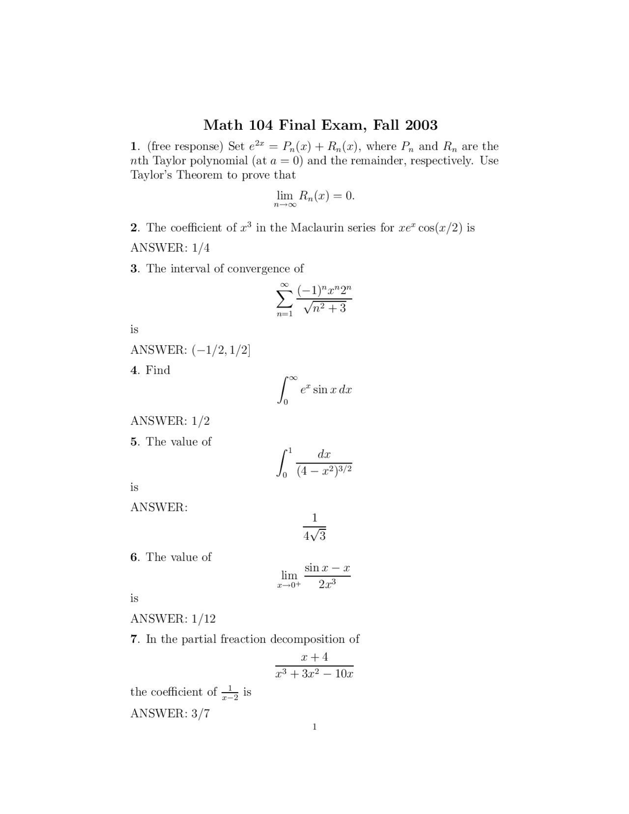 Calculus 1 - Exam Fall 2003 - Mathematics - Docsity
