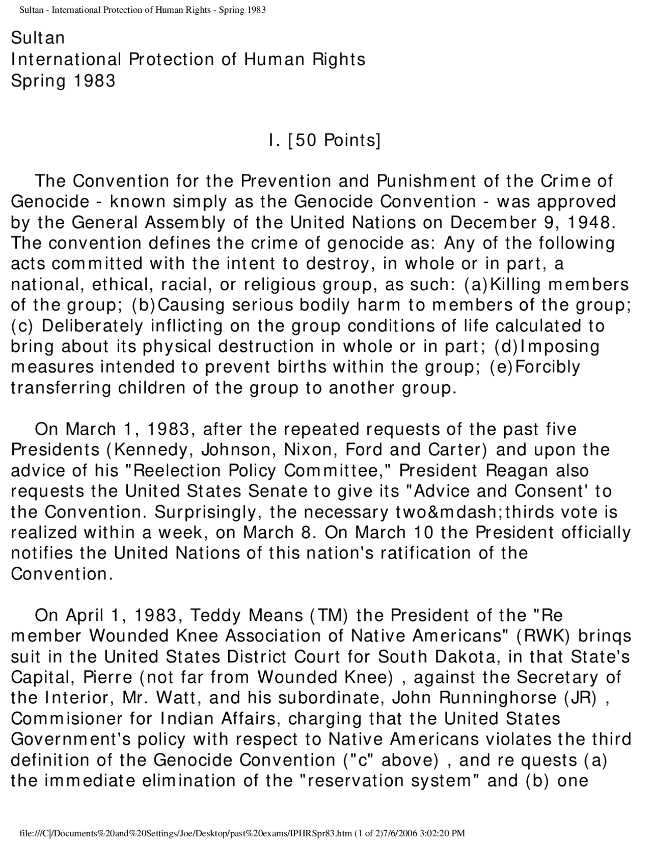 Human Rights - Exam Spring 1983 - Law | Exams Law | Docsity