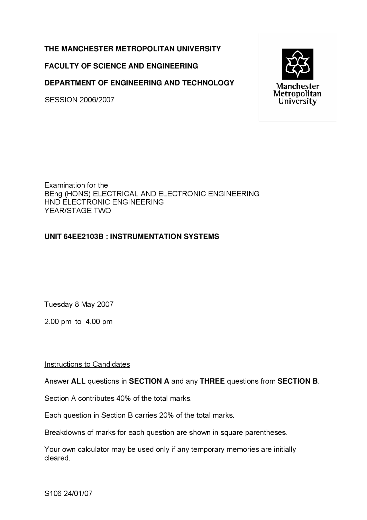 Instrumentation Systems 2006 2007 Exam Electrical Engineering Docsity